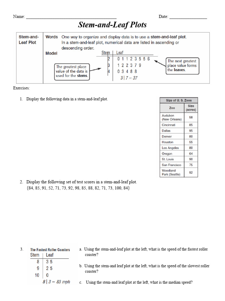 Algebra - Stem-and-Leaf Plots Worksheets | PDF | Teaching Methods & Materials | Science ...