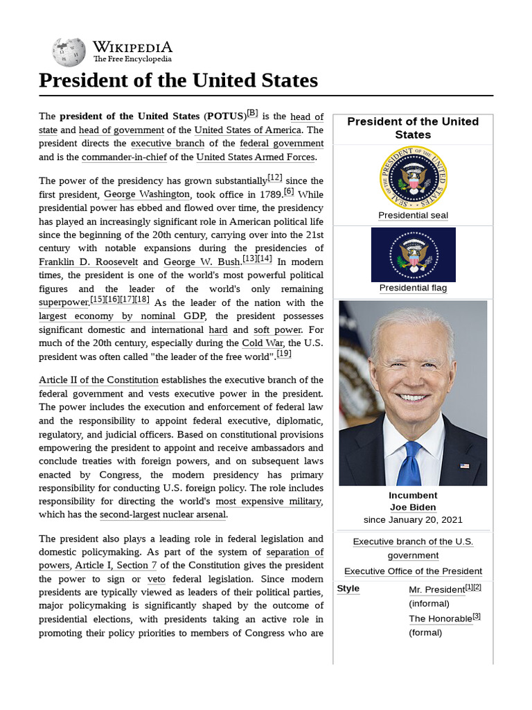 President | PDF | Presidents Of The United States | American Government
