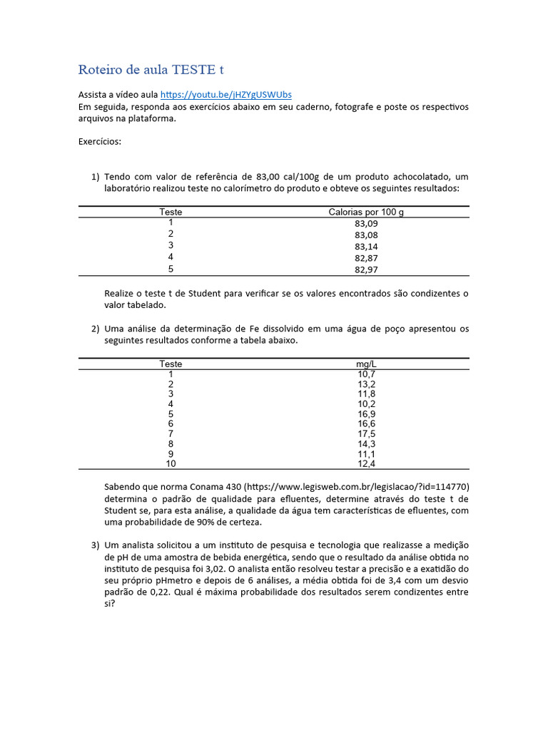 Exercícios de Teste T | Download grátis PDF | Teoria Estatística