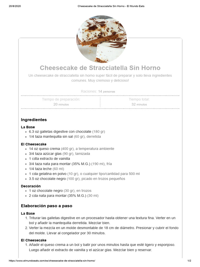 Cheesecake de Stracciatella Sin Horno - El Mundo Eats | PDF | Tarta de queso | lactoso