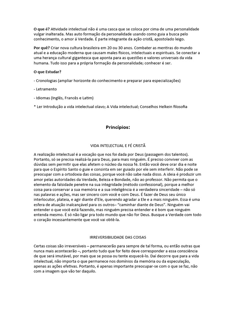 Princípios da Vida Intelectual | PDF | Intelectual | Pensamento