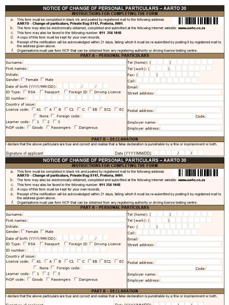 AARTO 30 - Change of Particulars | PDF | Mail | Driver's License
