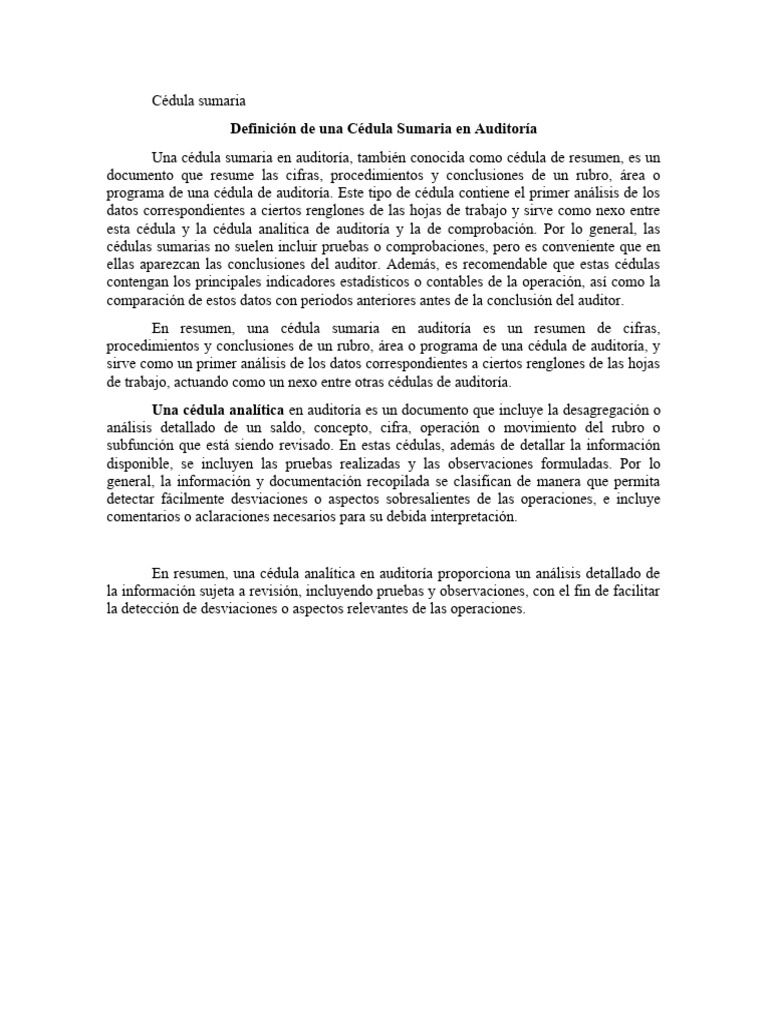 Cédula Sumaria en Auditoría: Definición y Uso | PDF