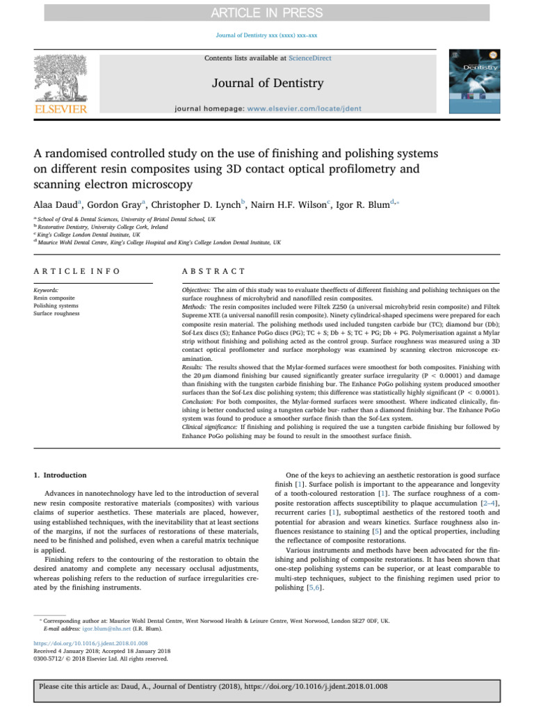 Journal of Dentistry: Alaa Daud, Gordon Gray, Christopher D. Lynch ...