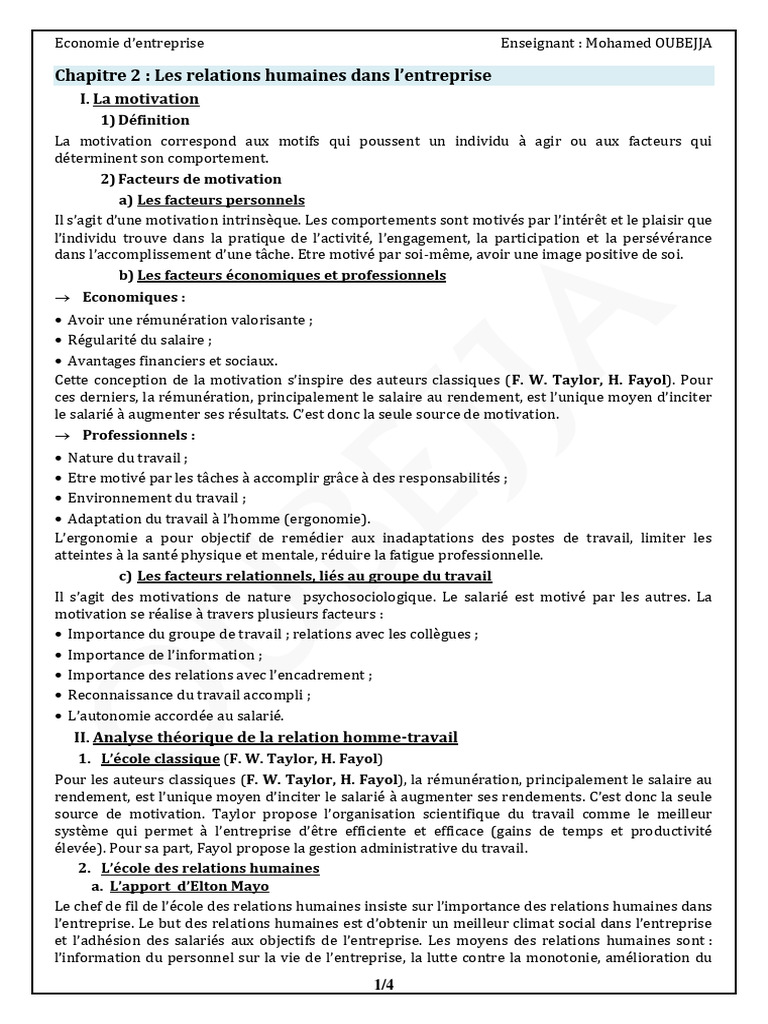 Motivation et relations humaines en entreprise | PDF | Motivation ...
