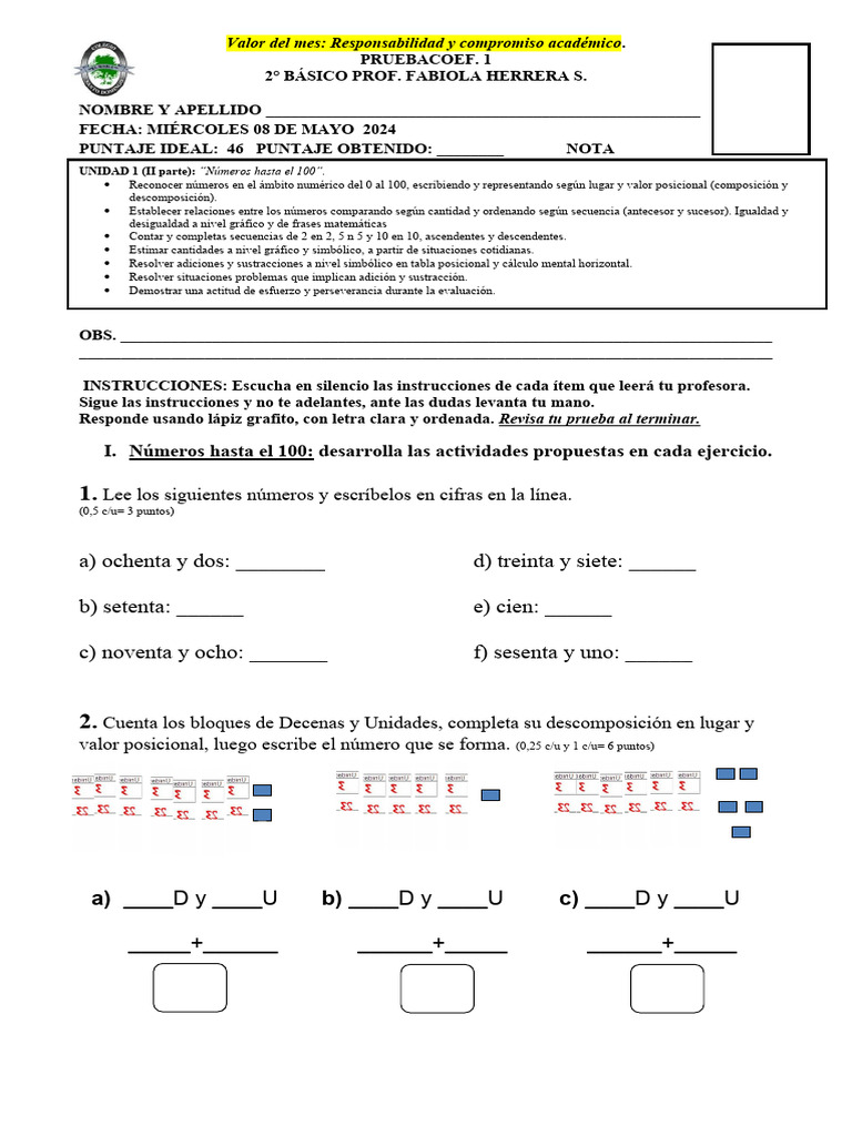 Prueba de Matemática 2° Básico Números Hasta 100 | PDF | Matemáticas ...