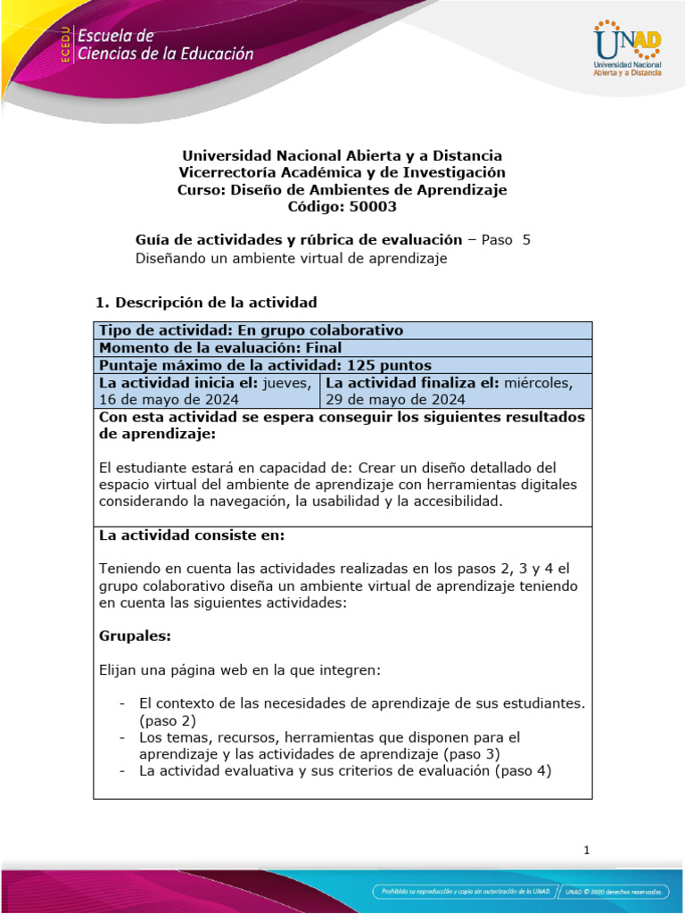 Guía de actividades y rúbrica de evaluación – Paso 5 - Diseñando un ambiente virtual de ...