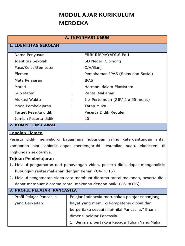 Modul Ajar Ipas Kelas 5 Erik r Sdn Cibinong | PDF