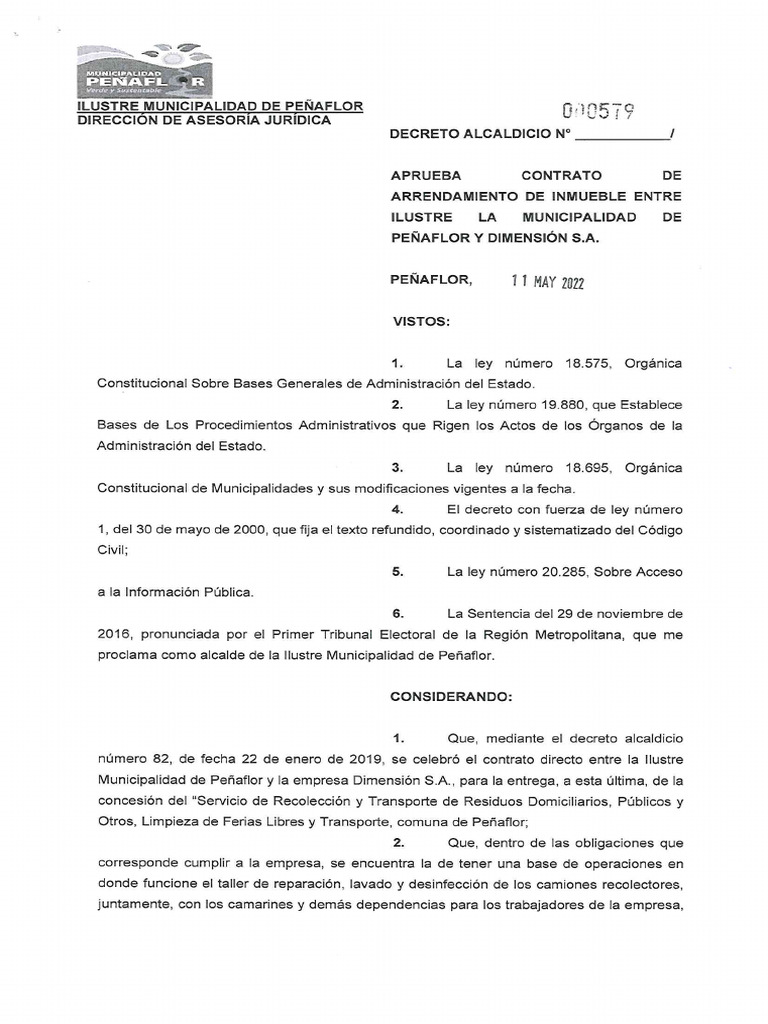 Decreto Alcaldicio 00579 11-05-2022 y Contrato Arriendo Ago 2021 | PDF