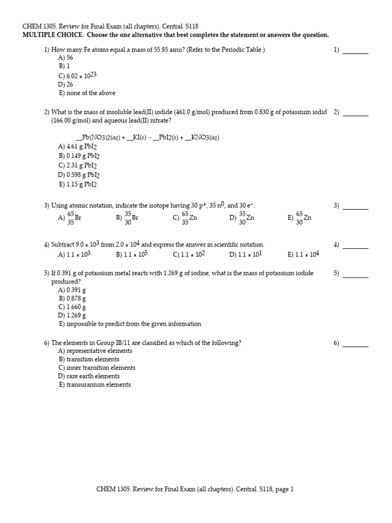 CHEM 1305. Review For Final Exam - All Chapters-. Central. S118 | PDF ...