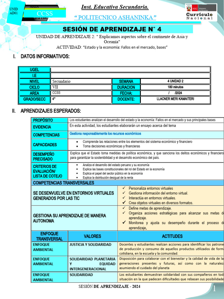 SESION CCSS 4° SEC-SEMANA 04 UNI 2 | PDF | Aprendizaje | Evaluación
