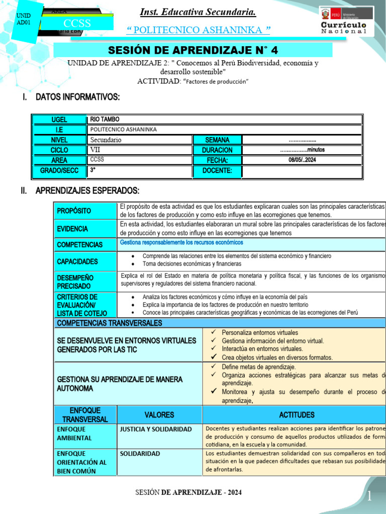 Sesion CCSS 3° Sec-Semana 04 Uni 2 | PDF | Aprendizaje | Factores de producción