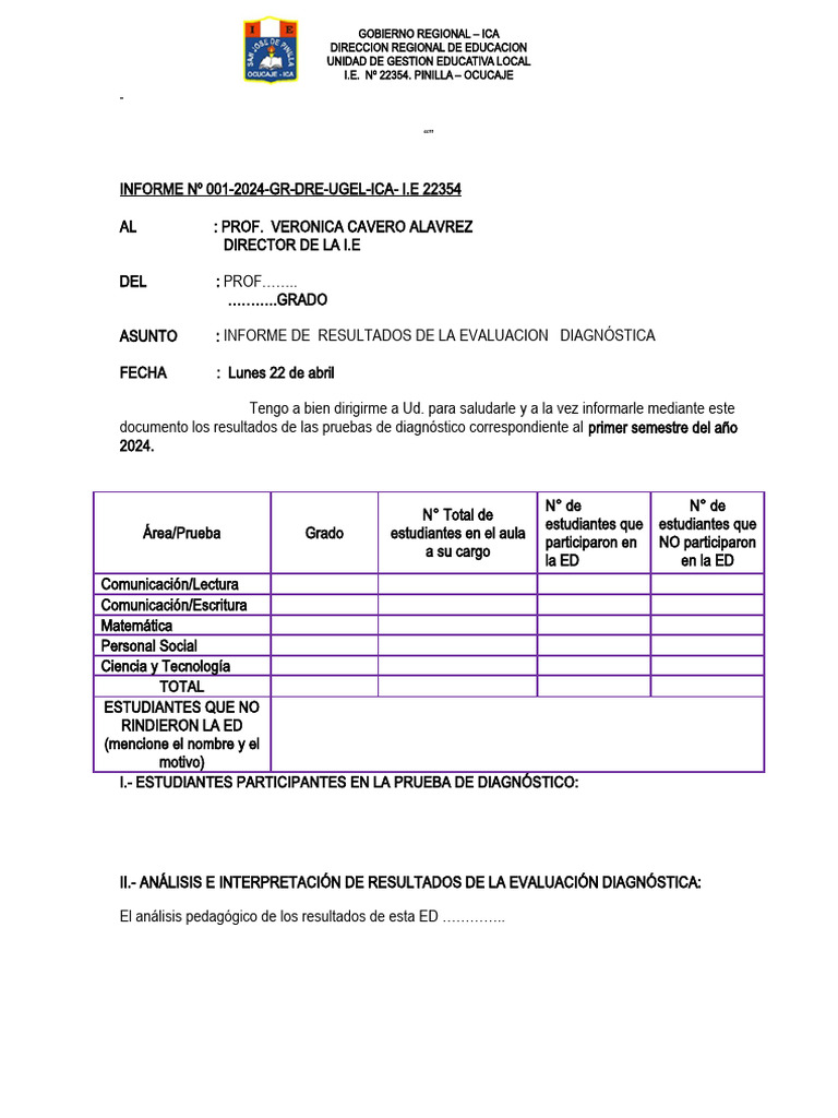 informe evaluacion diagnostica 2024 | PDF | Evaluación | Cognición