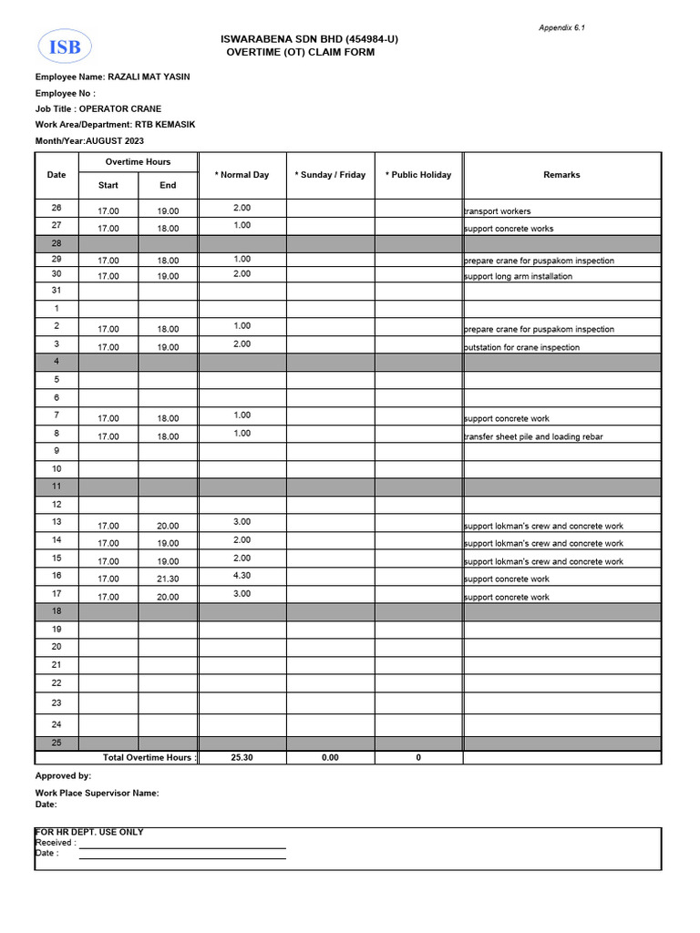 Appendix 6.1 Overtime Claim Form | Download Free PDF | Overtime