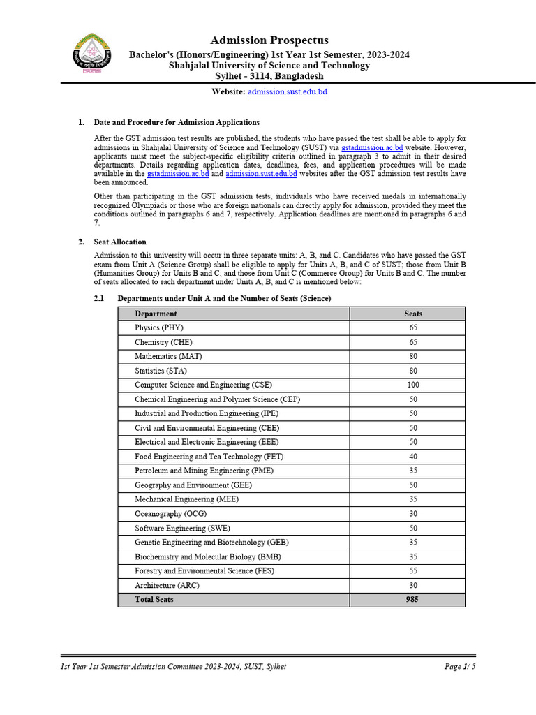 Admission Prospectus Bachelor's SUST 2023-24 | PDF | University And ...