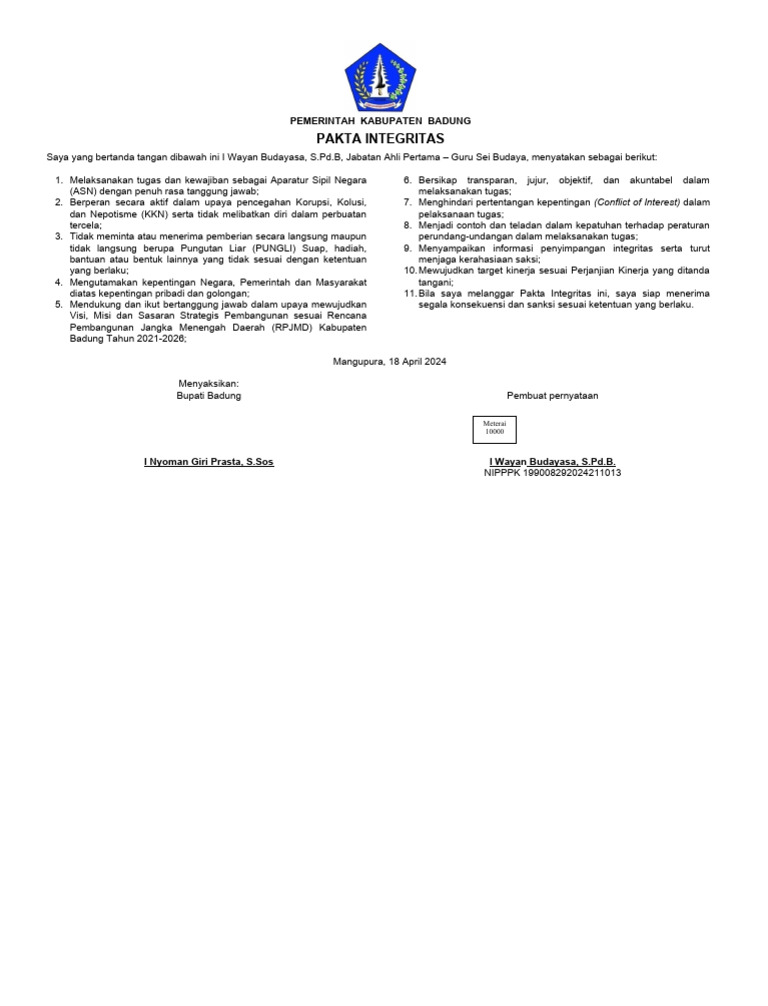 PAKTA INTEGRITAS I Waya Budayasa-Share | PDF