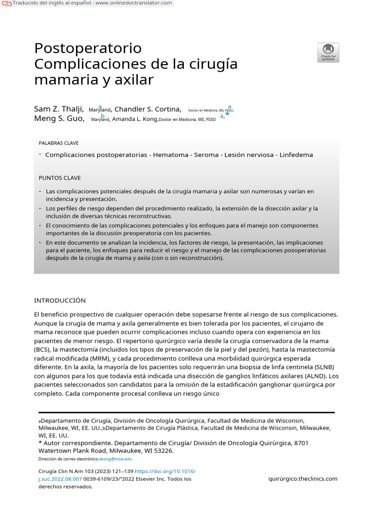 Postoperatorio Complicaciones de La Cirugía Mamaria y Axilar | PDF ...
