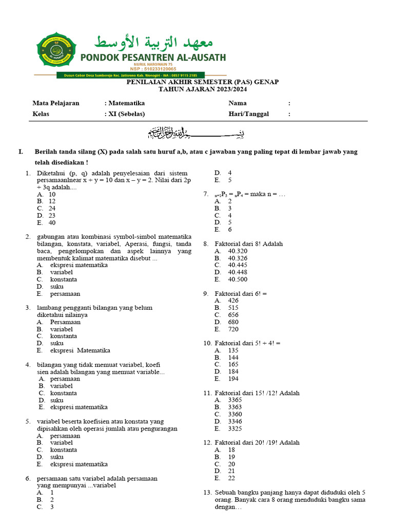 Soal PAS 2 Matematika Kelas 11 | PDF