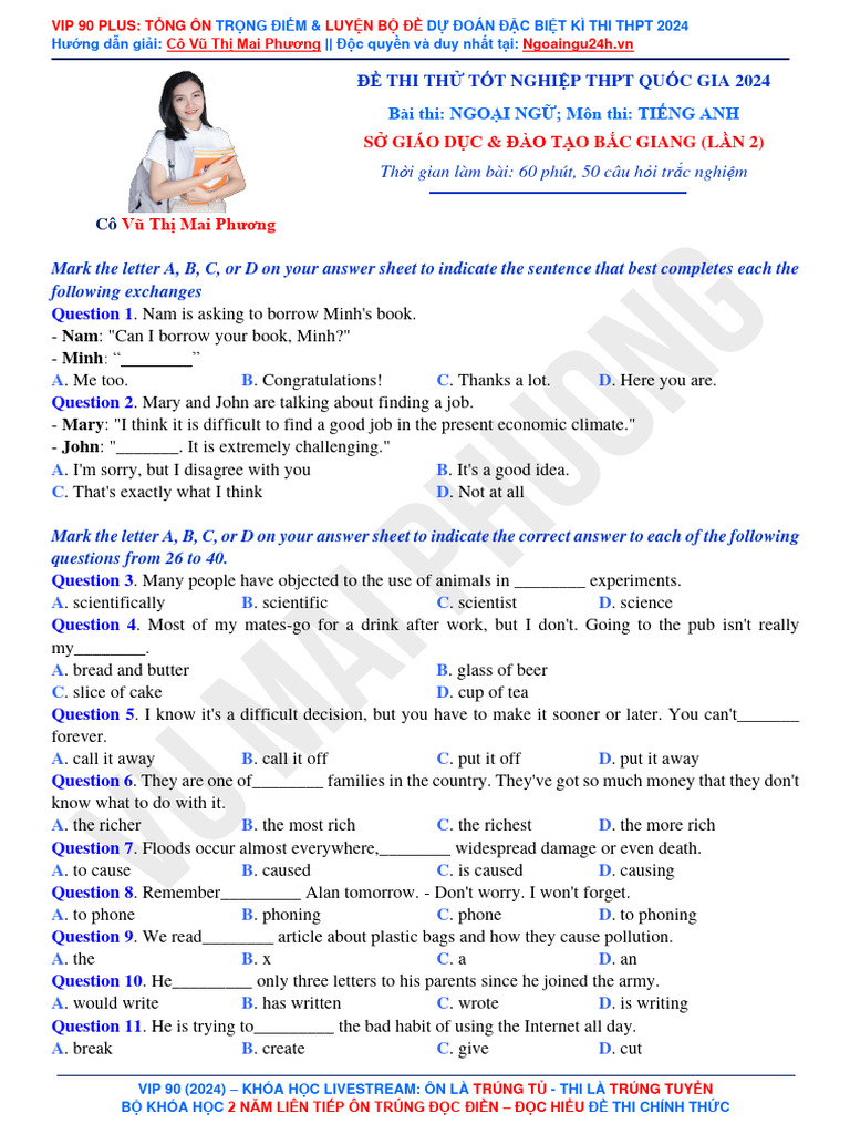(Cô Vũ Mai Phương) Đề thi thử tốt nghiệp THPT Quốc Gia 2024 - Sở giáo dục và đào tạo Bắc Giang ...