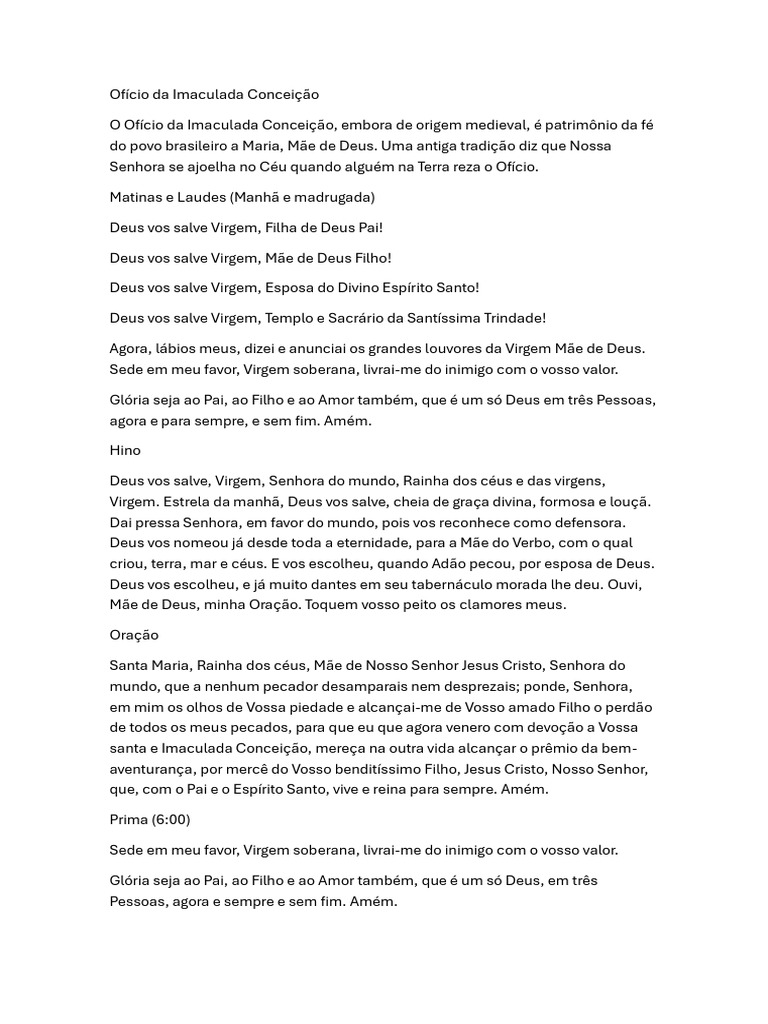 Oficio Da Imaculada Conceição De Maria Pdf Maria Mãe De Jesus Oração
