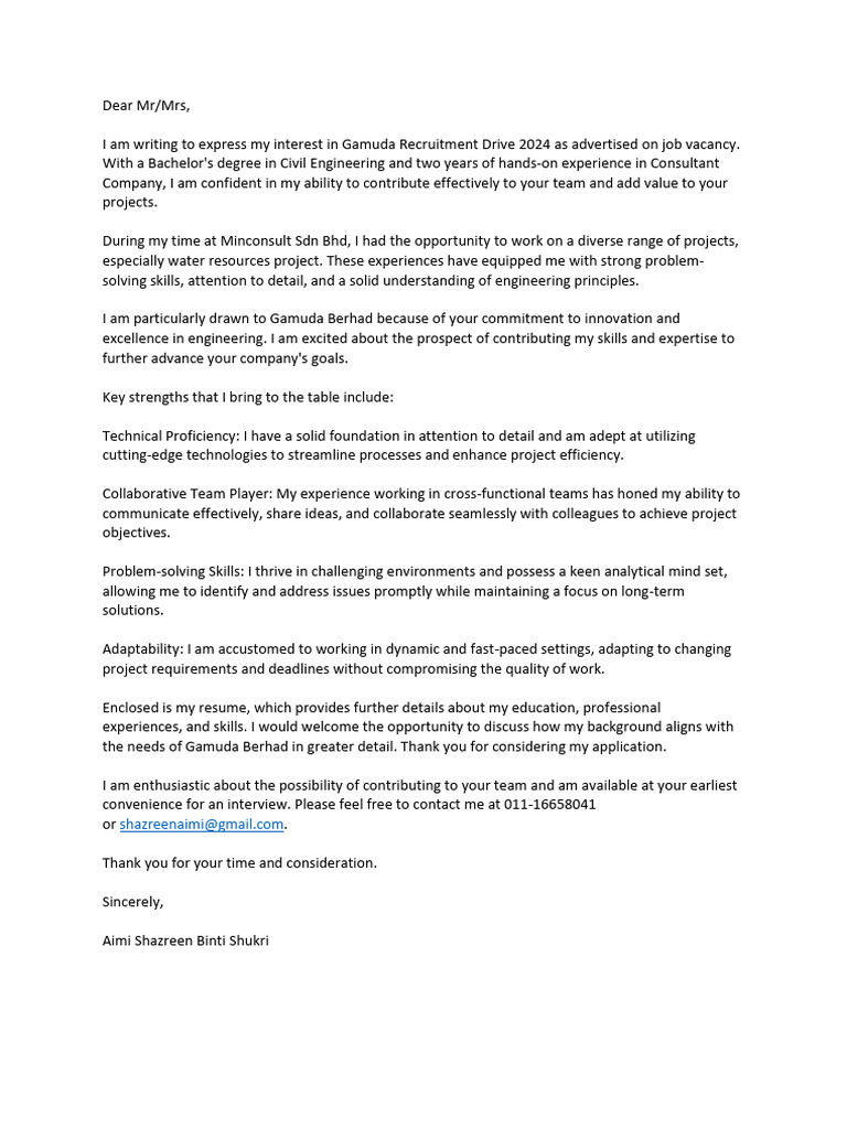 Cover Letter | PDF | Career & Growth
