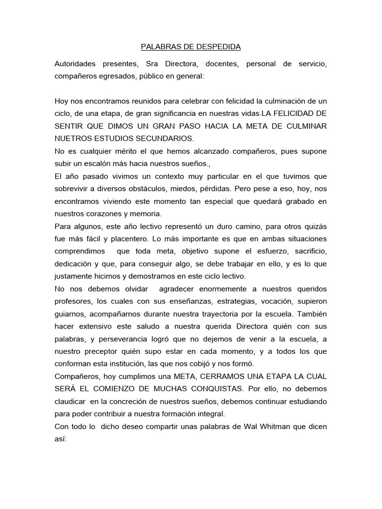 Palabras Despedida | PDF | Felicidad