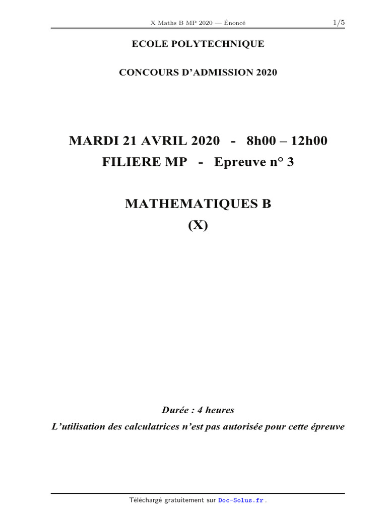 Énoncé Maths B MP 2020 | PDF | Fonctionnalités et modélisations ...