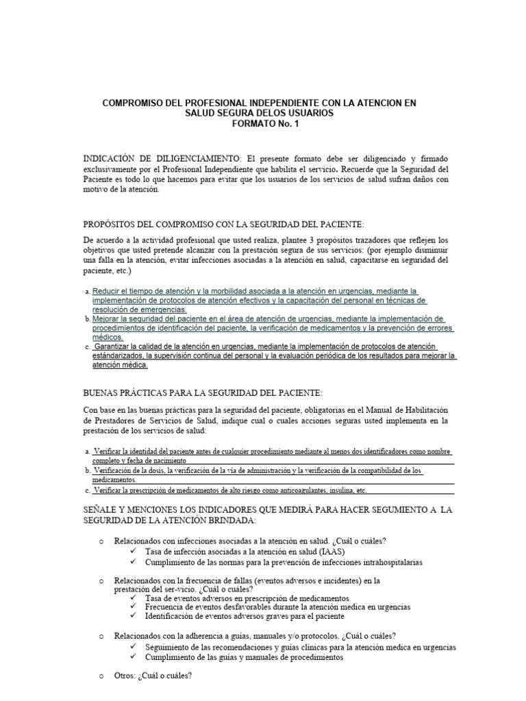 Formato 1. Declaracion Del Compromiso Con La Seguridad Del Paciente ...