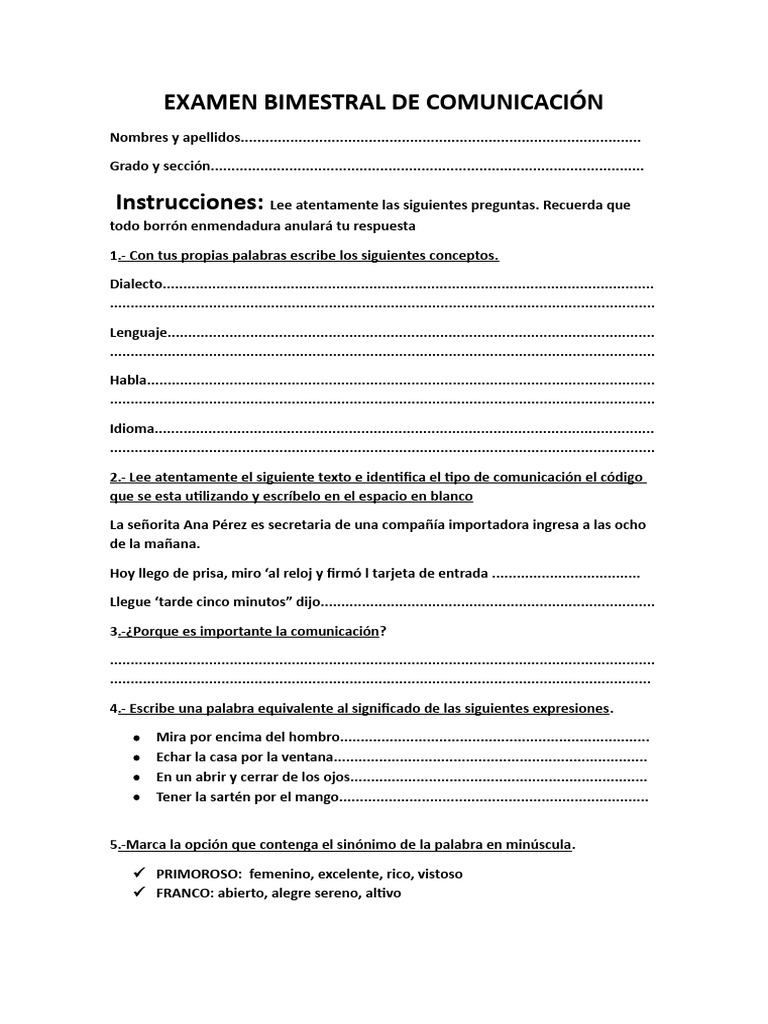 EXAMEN BIMESTRAL DE COMUNICACIÓN de Carto y Tercero Tute | PDF | Comunicación | Lingüística