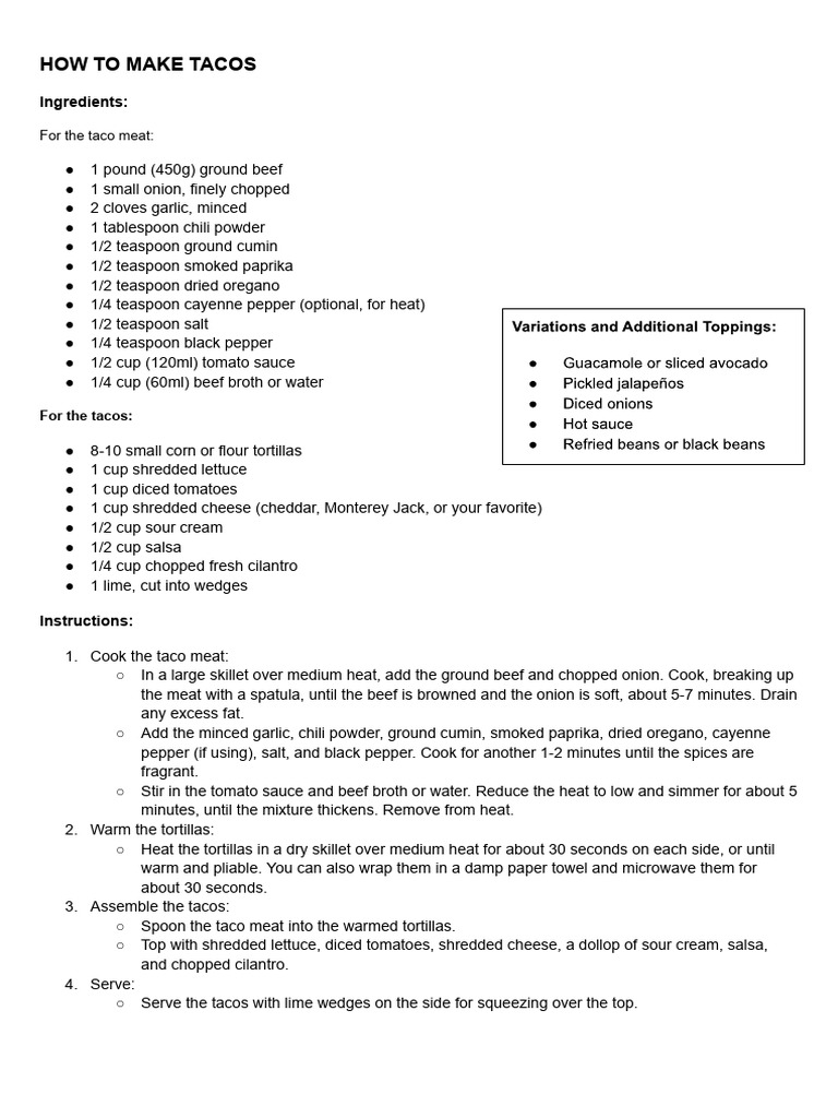 How To Make Tacos | PDF | Teaspoon | Taco