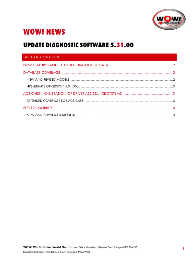 20 12 01 DIAG Updateinformation WOW 5.31.00 EN | PDF | Front Wheel Drive Vehicles | Electric Vehicle