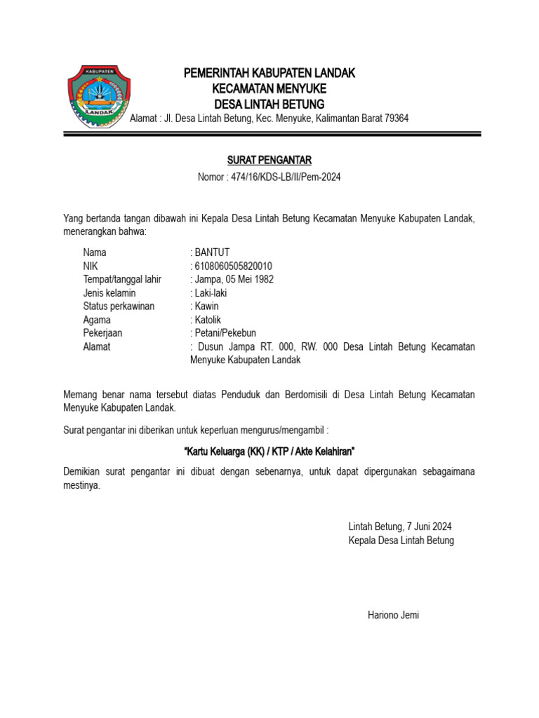 Surat Pengantar KK | PDF