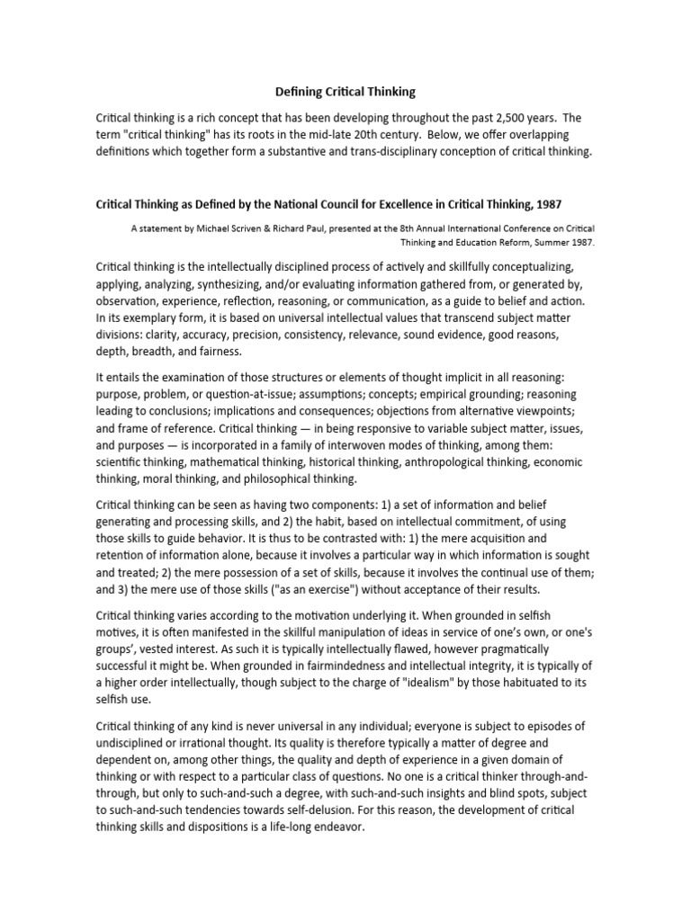 Defining Critical Thinking | PDF | Critical Thinking | Thought