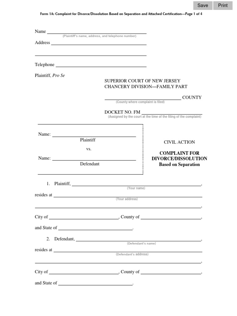 New Jersey Divorce Complaint Form 1A | PDF | Complaint | Divorce