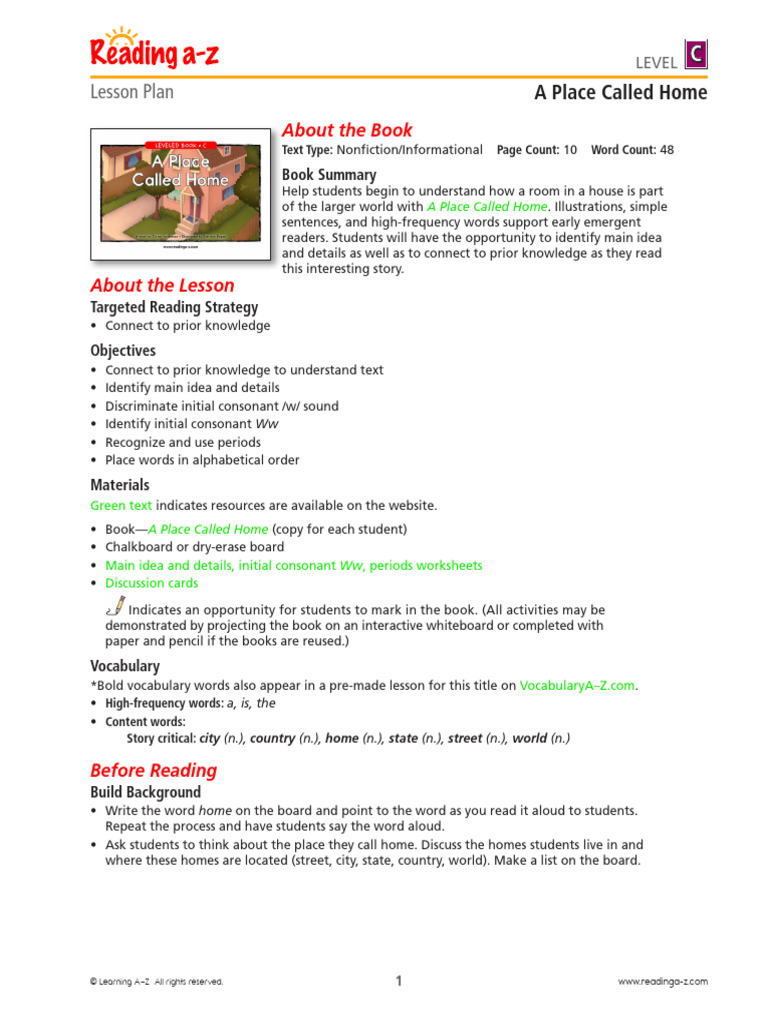 Lesson Plan for "A Place Called Home" | PDF | Reading Comprehension ...