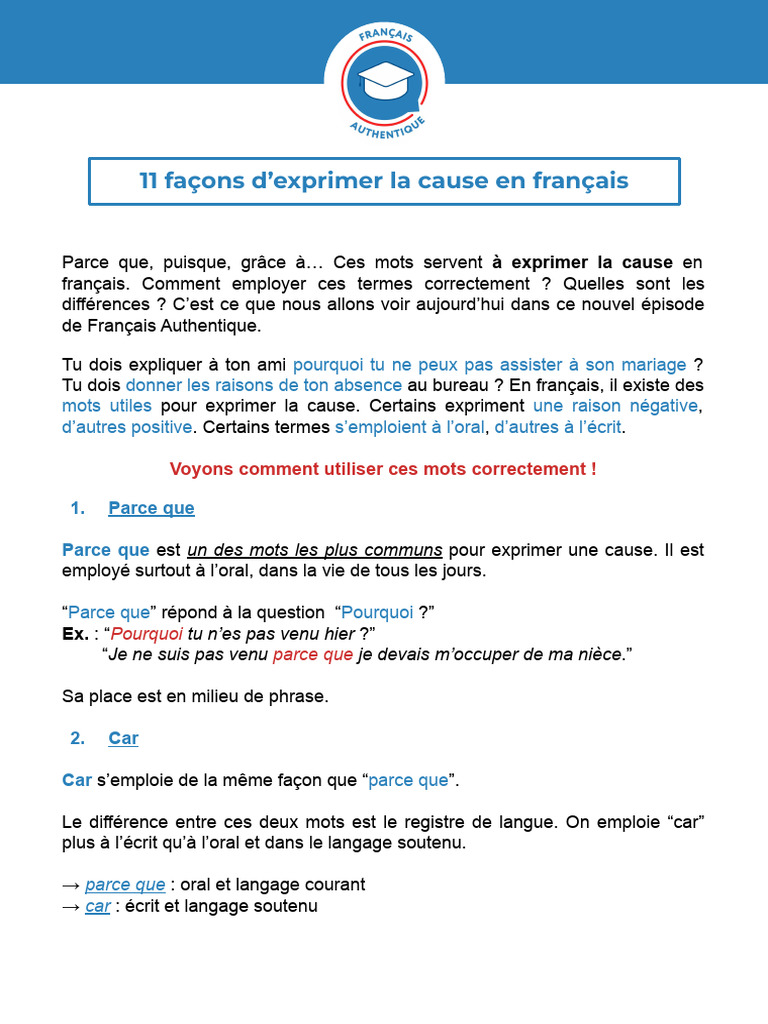 11 expressions pour exprimer la cause | PDF | Phrase | Linguistique
