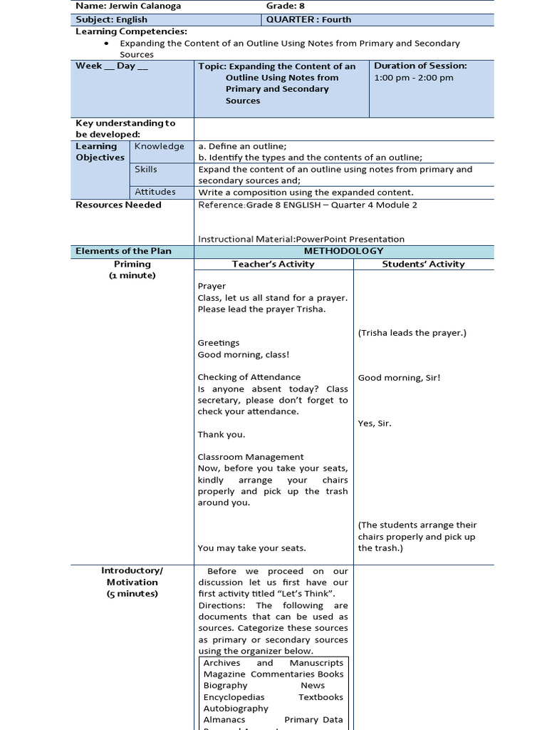 Expanding Outlines with Sources | PDF | Learning | Lesson Plan