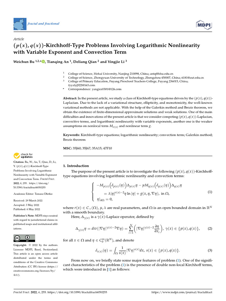 (P (X), Q (X) ) - Kirchhoff-Type Problems Involving Logarithmic Nonlinearity With Variable ...