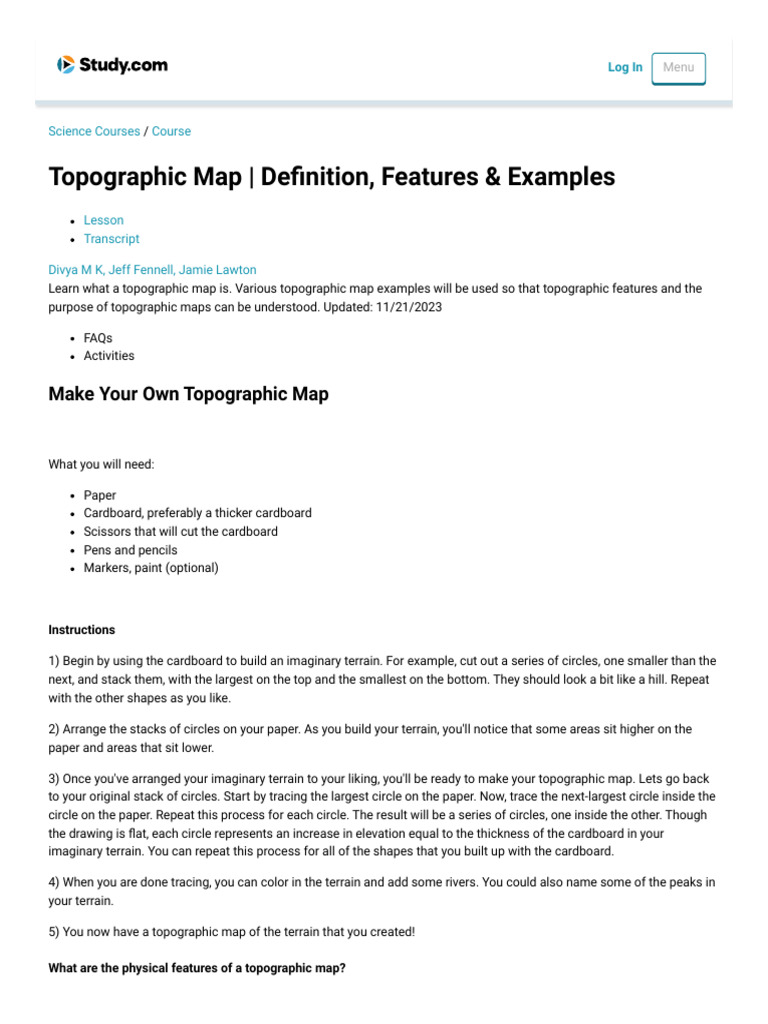 Topographic Map Definition Features And Examples Lesson Pdf