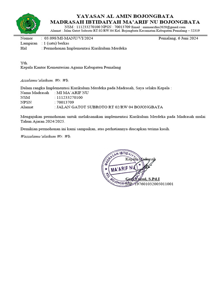 Form-Madrasah Permohonan IKM 2024-2025 110357 | PDF