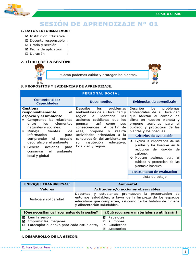 Sesiones de Aprendizaje - EDA IV Semana 1 - Editora Quipus Perú | PDF | Evaluación | Aprendizaje
