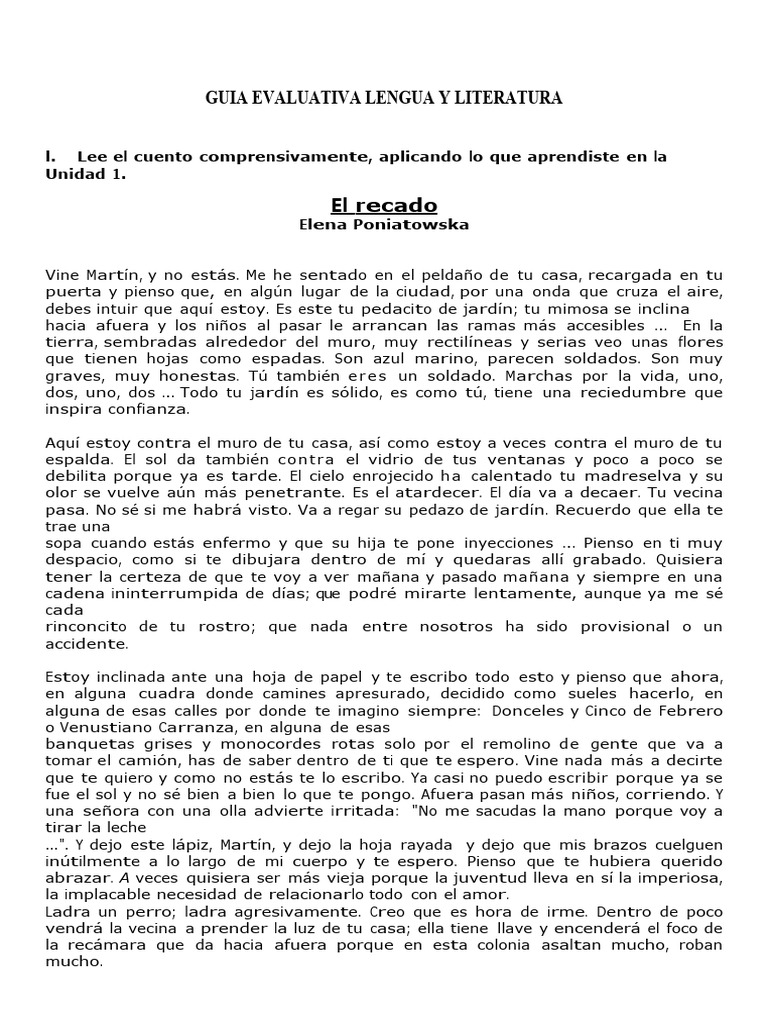 Análisis de "El recado" de Poniatowska | PDF | Amor
