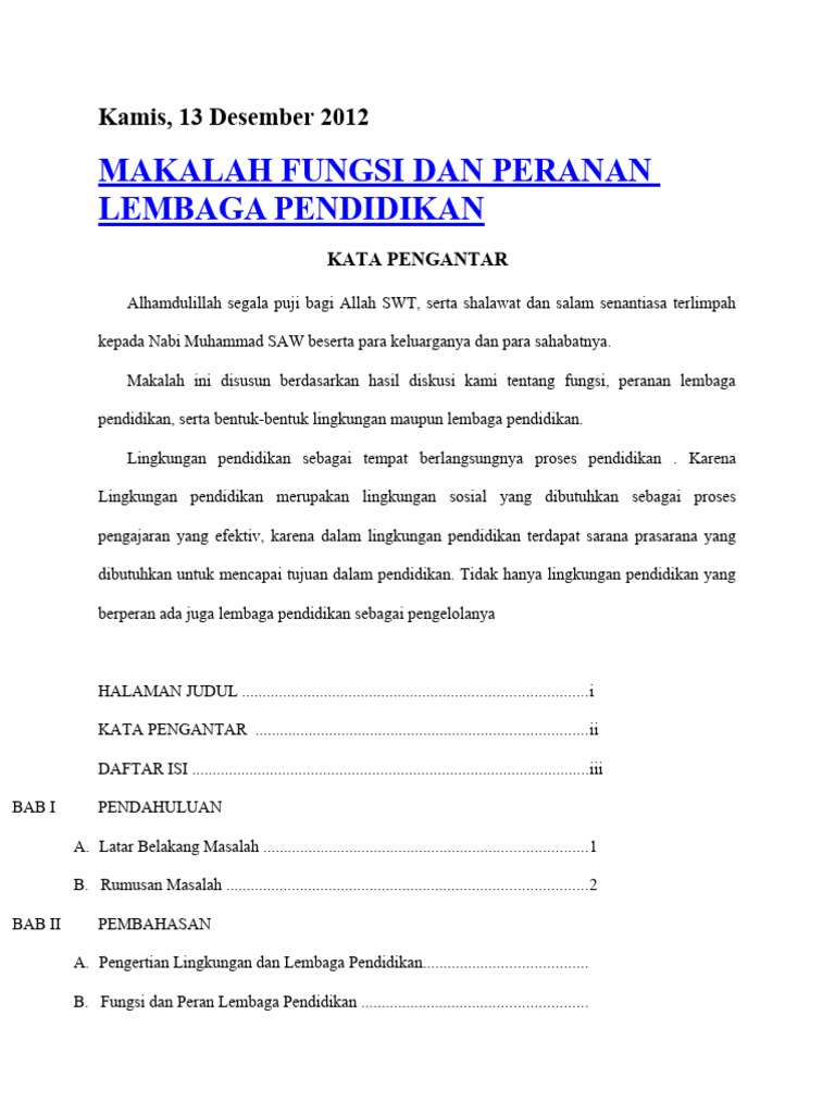 Makalah Fungsi Dan Peranan Lembaga Pendi | PDF | Sains & Matematika