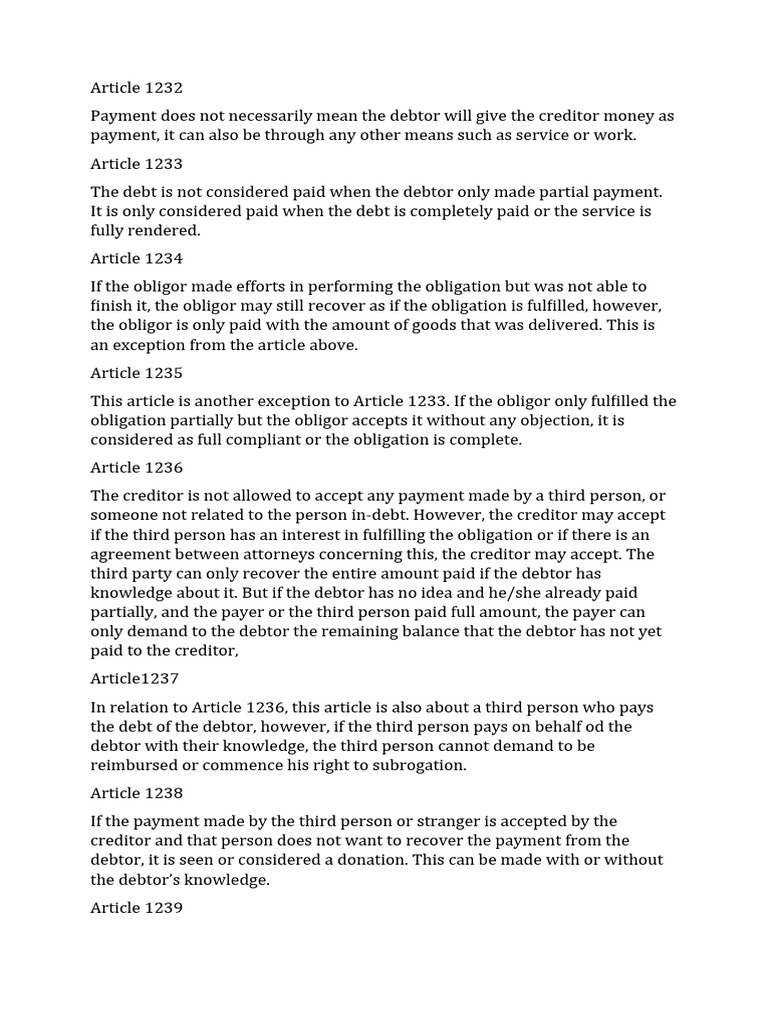 CDBrane ObliCon Articles 1232-1261 | PDF | Payments | Debtor