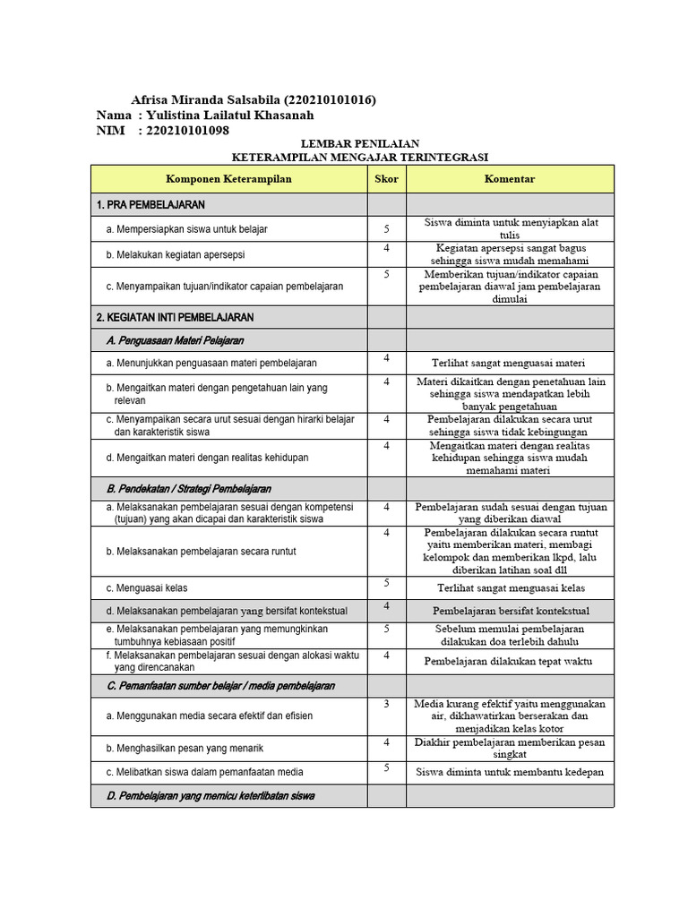 Instrumen Penilaian Teman Sejawat (AFRISA MIRANDA SALSABILA) | PDF