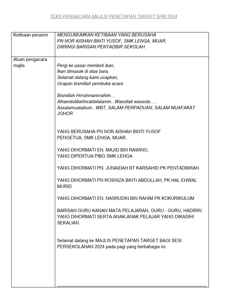 Teks Majlis Penetapan Target 2024 SMK Lenga | PDF