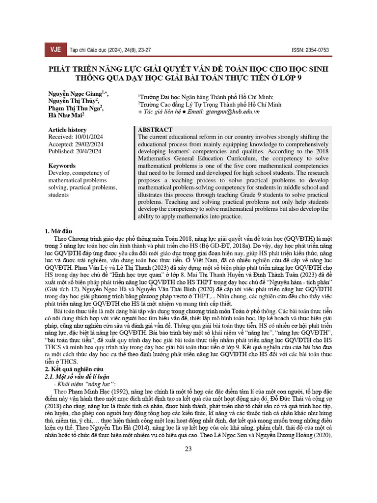 PHT Trin NNG LC Gii Quyt VN Ton HC Cho HC Sinh THNG Qua Dy HC Gii Bi Ton THC Tin LP 9 | PDF