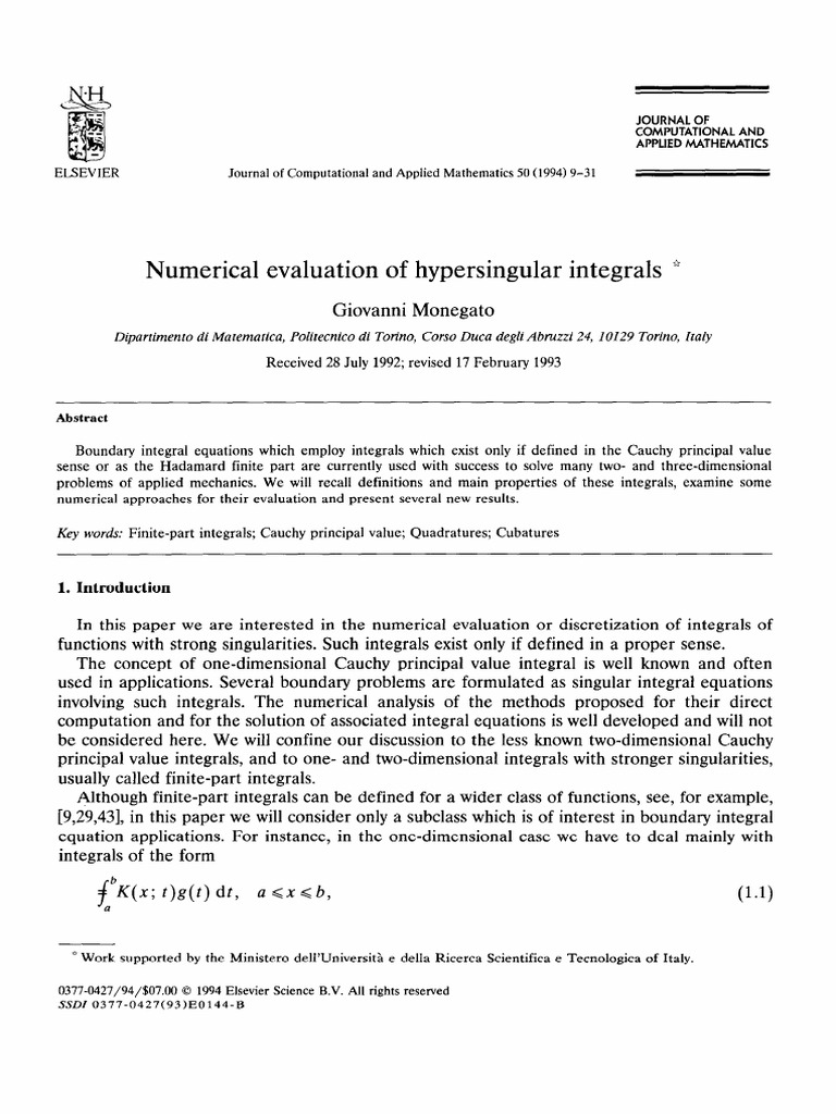 1994, Monegato, Numerical Evaluation of Hypersingular Integrals | PDF | Integral | Algorithms