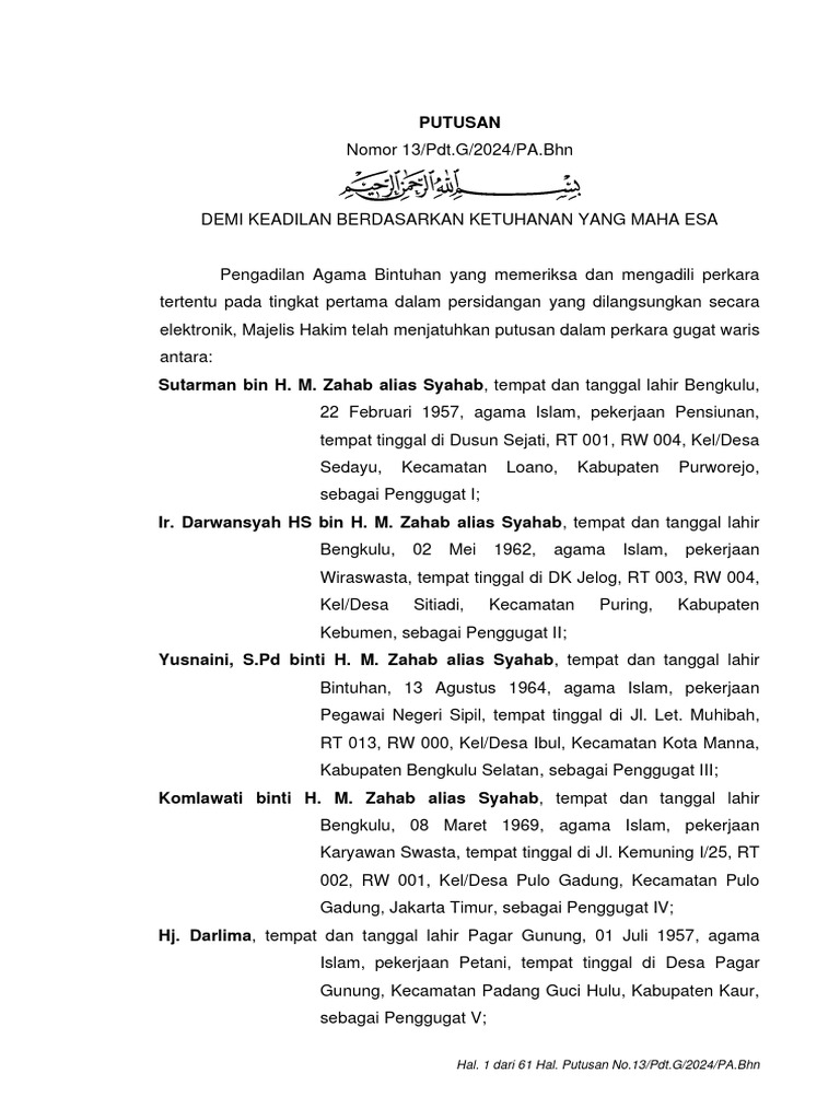 Salinan Putusan 13 PDT G 2024 PA BHN | PDF