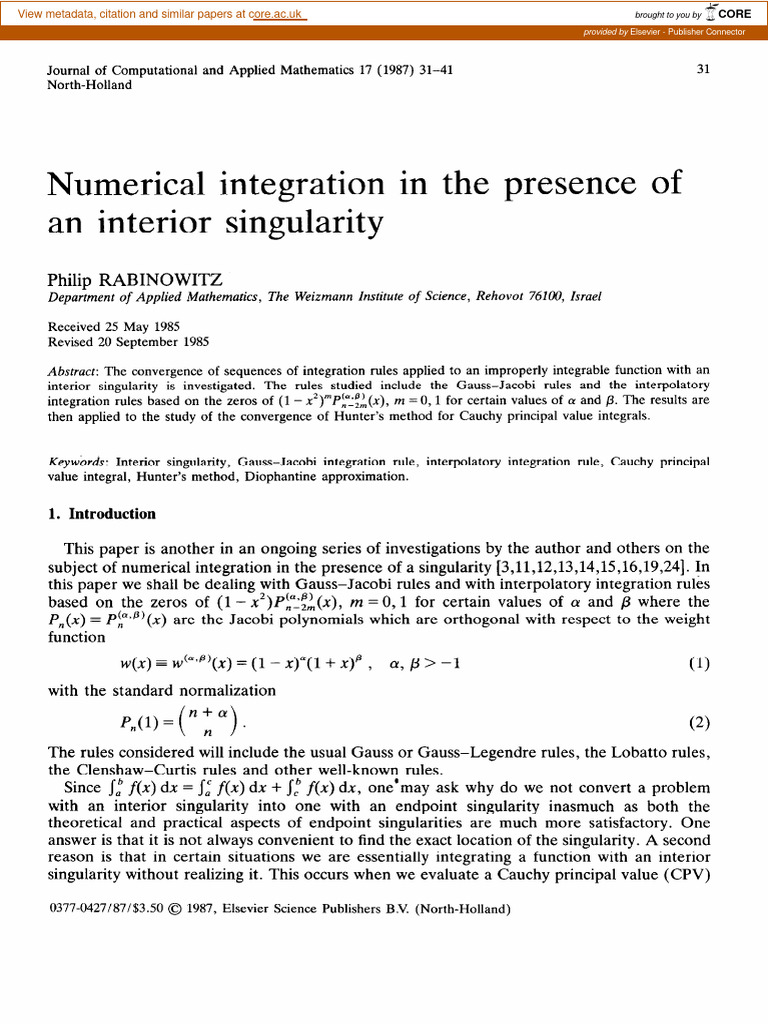 1985, Rabinowitz, Numerical Integration in The Presence of An Interior Singularity | PDF ...